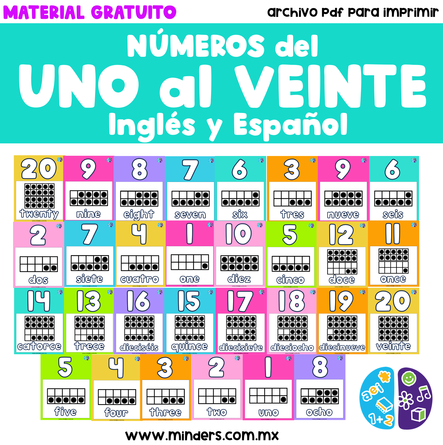 Números del 1 al 20 Español e Inglés - Material Gratuito Minders ...