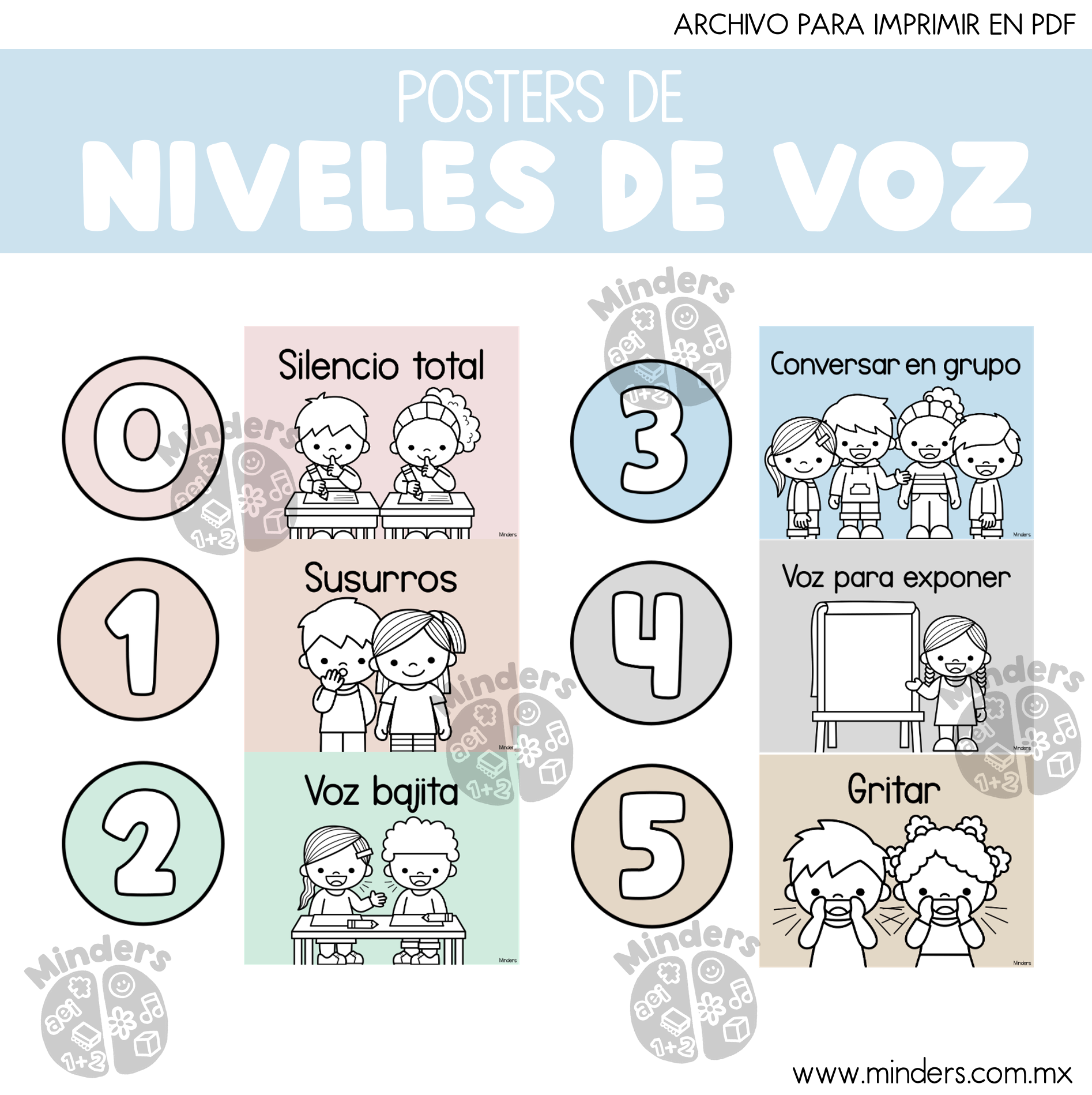Posters de Niveles de voz - Colores neutros – Mindersmx